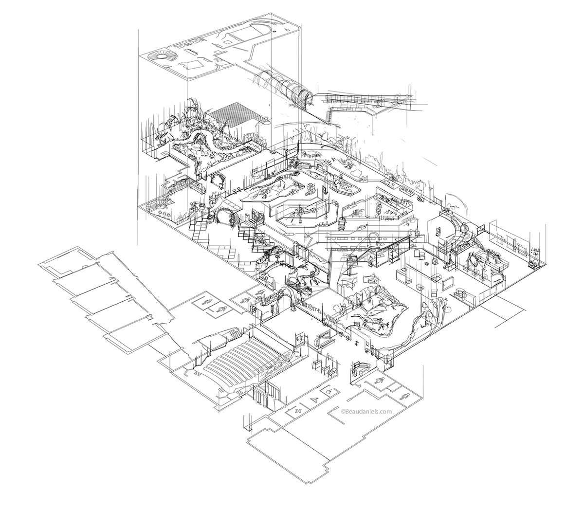 Technical illustration, Beau and Alan Daniels. - Royal Tyrell Museum Map.